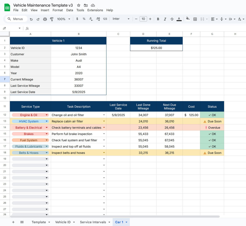 Vehicle Maintenance, Mileage, & Inspection Service Schedule Template ...